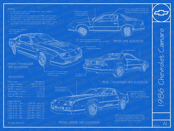 1986 Chevrolet Camaro Blueprint Poster 18x24 JPEG | Etsy