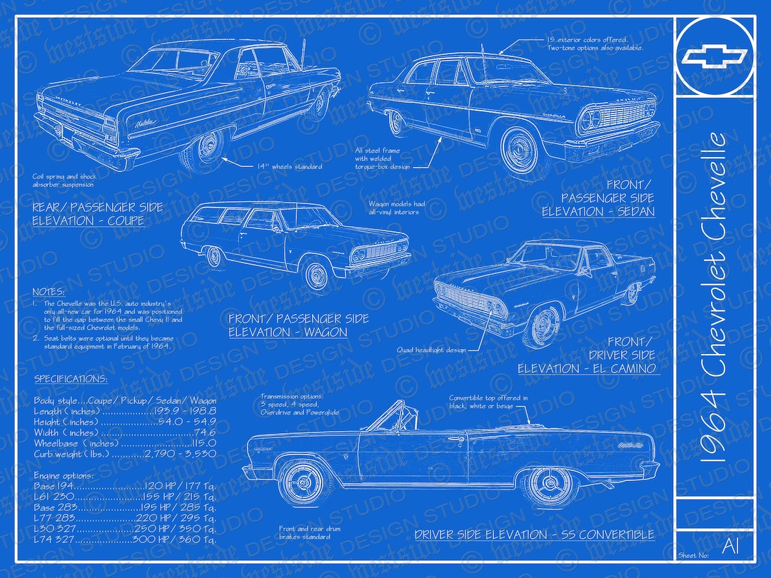 1964 Chevrolet Chevelle Blueprint Poster 18"x24" (JPEG Image File) - Etsy