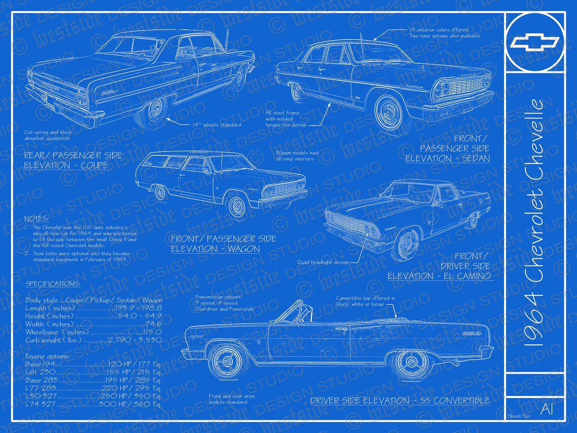 1964 Chevrolet Chevelle Blueprint Poster 18x24 - Etsy