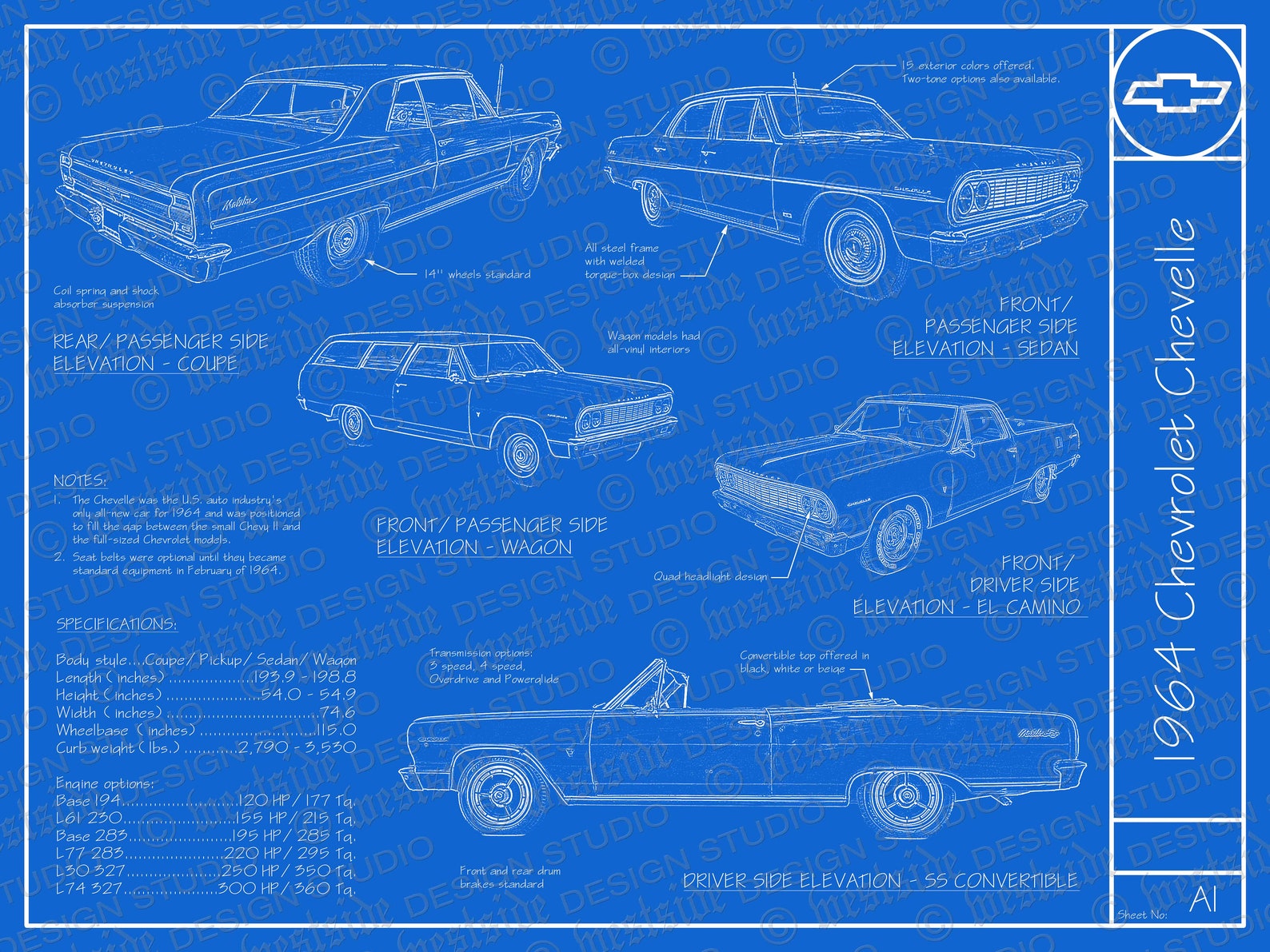 1964 Chevrolet Chevelle Blueprint Poster 18x24 - Etsy
