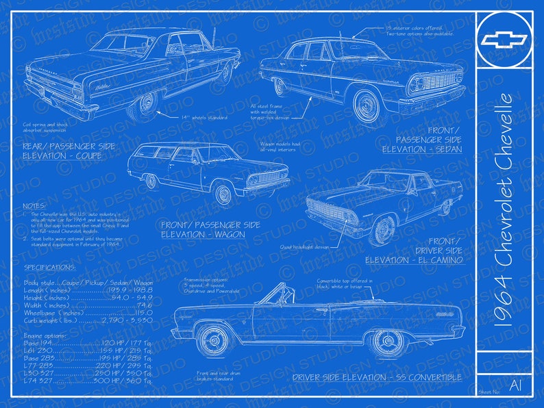1964 Chevrolet Chevelle Blueprint Poster 18"x24" (JPEG Image File) - Etsy