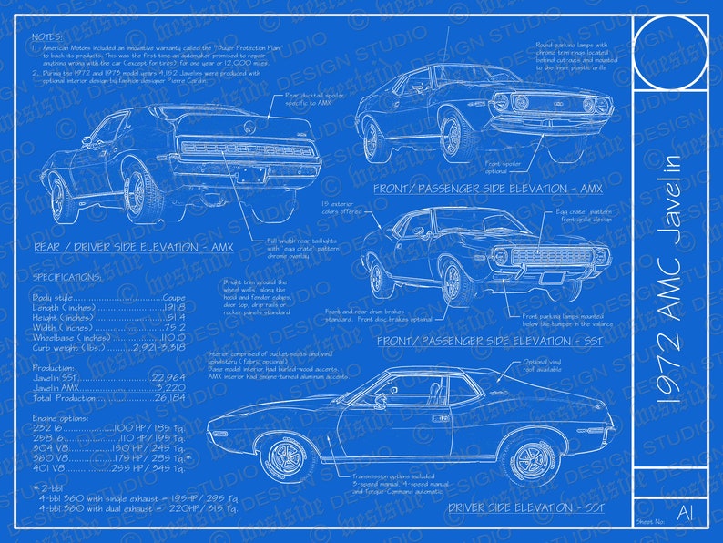 1972 AMC Javelin Blueprint Poster 18"x24" (digital Image File) - Etsy