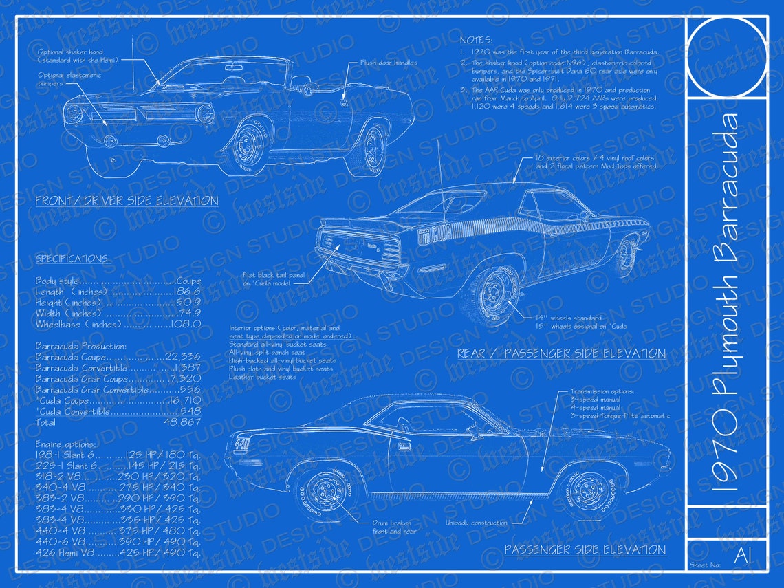 1970 Plymouth Barracuda Blueprint Poster 18x24 | Etsy