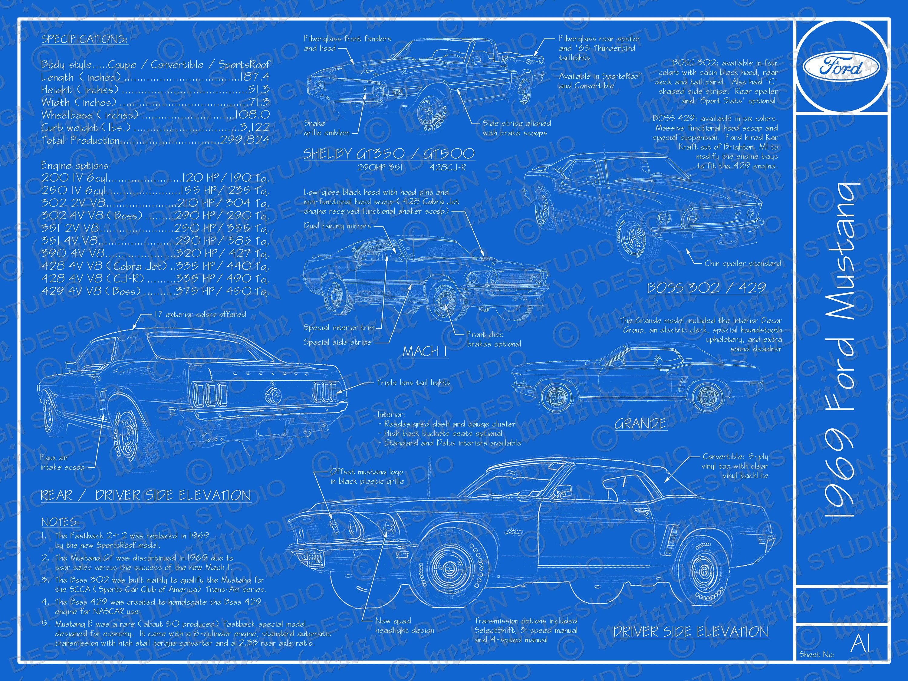 1969 Ford Mustang blueprint poster 18x24 JPEG | Etsy