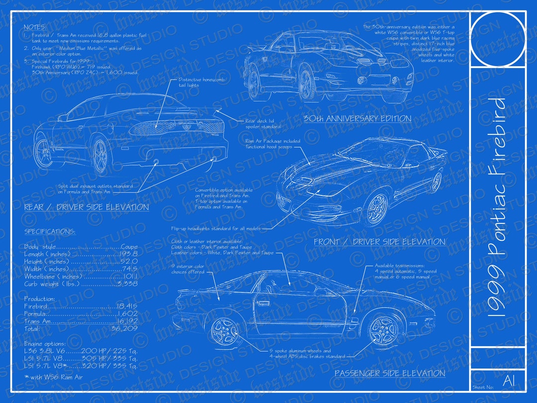 1999 Pontiac Firebird / Trans Am Blueprint Poster 18"x24" (digital ...