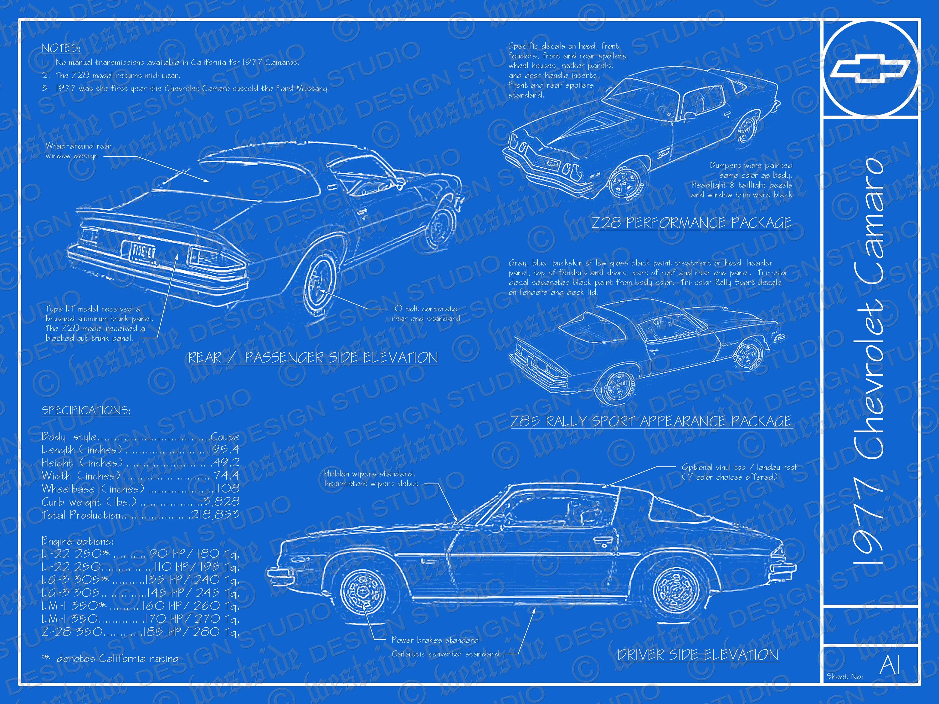 1977 Chevrolet Camaro Blueprint Poster 18x24 JPEG - Etsy Finland