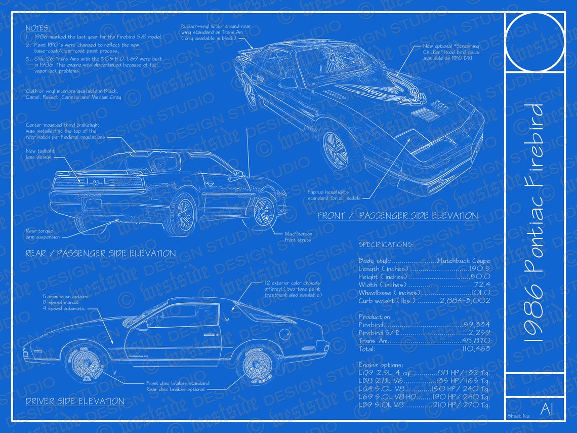 1986 Pontiac Firebird / Trans Am Blueprint Poster 18"x24" (digital ...