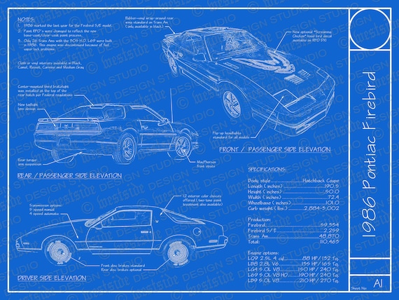 1986 Pontiac Firebird / Trans Am blueprint poster 18x24 | Etsy France