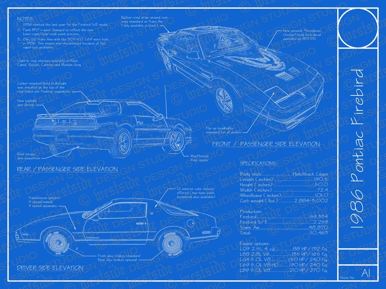 1986 Pontiac Firebird / Trans Am Blueprint Poster 18"x24" (digital ...