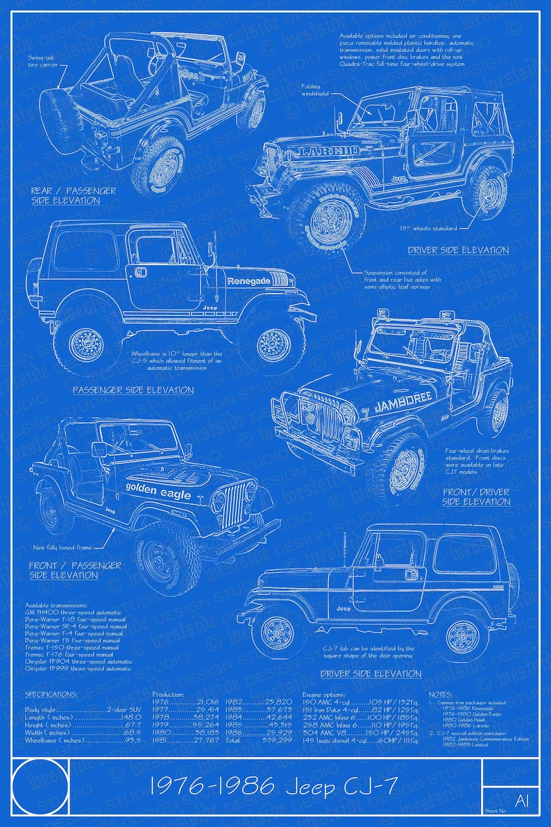 1976-1986 Jeep CJ7 Blueprint Poster 24"x36" (digital Image File) - Etsy
