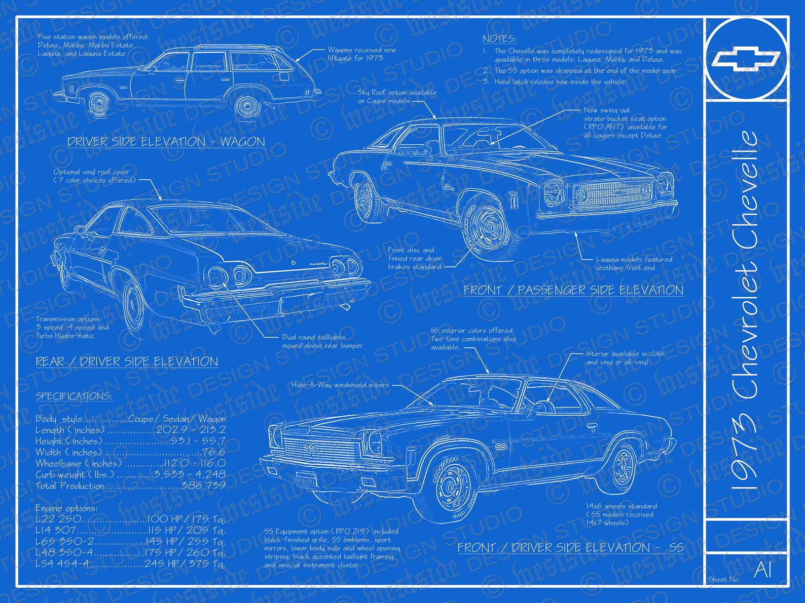 1973 Chevrolet Chevelle Blueprint Poster 18"x24" (JPEG Image File) - Etsy