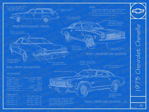1973 Chevrolet Chevelle blueprint poster 18x24 | Etsy