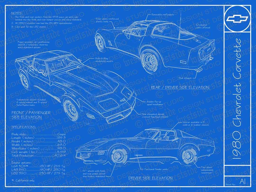 1980 Chevrolet Corvette Blueprint Poster 18"x24" (JPEG Image File) - Etsy