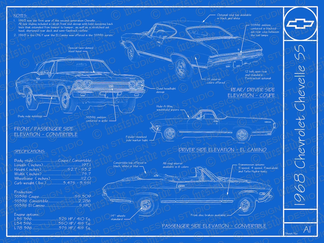1968 Chevrolet Chevelle SS Blueprint Poster 18"x24" (JPEG Image File ...