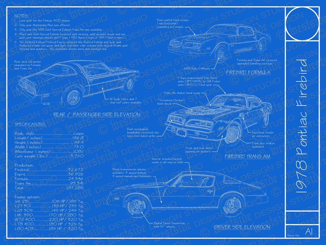 1978 Pontiac Firebird / Trans Am Blueprint Poster 18"x24" (digital ...