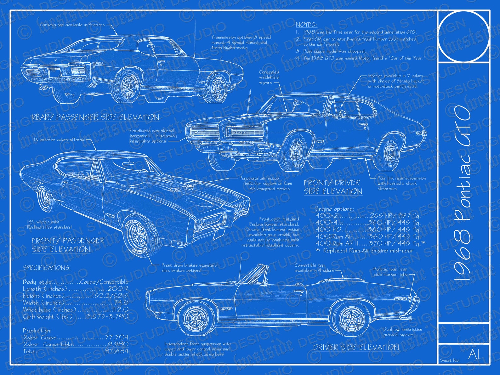 1968 Pontiac GTO Blueprint Poster 18x24 digital - Etsy