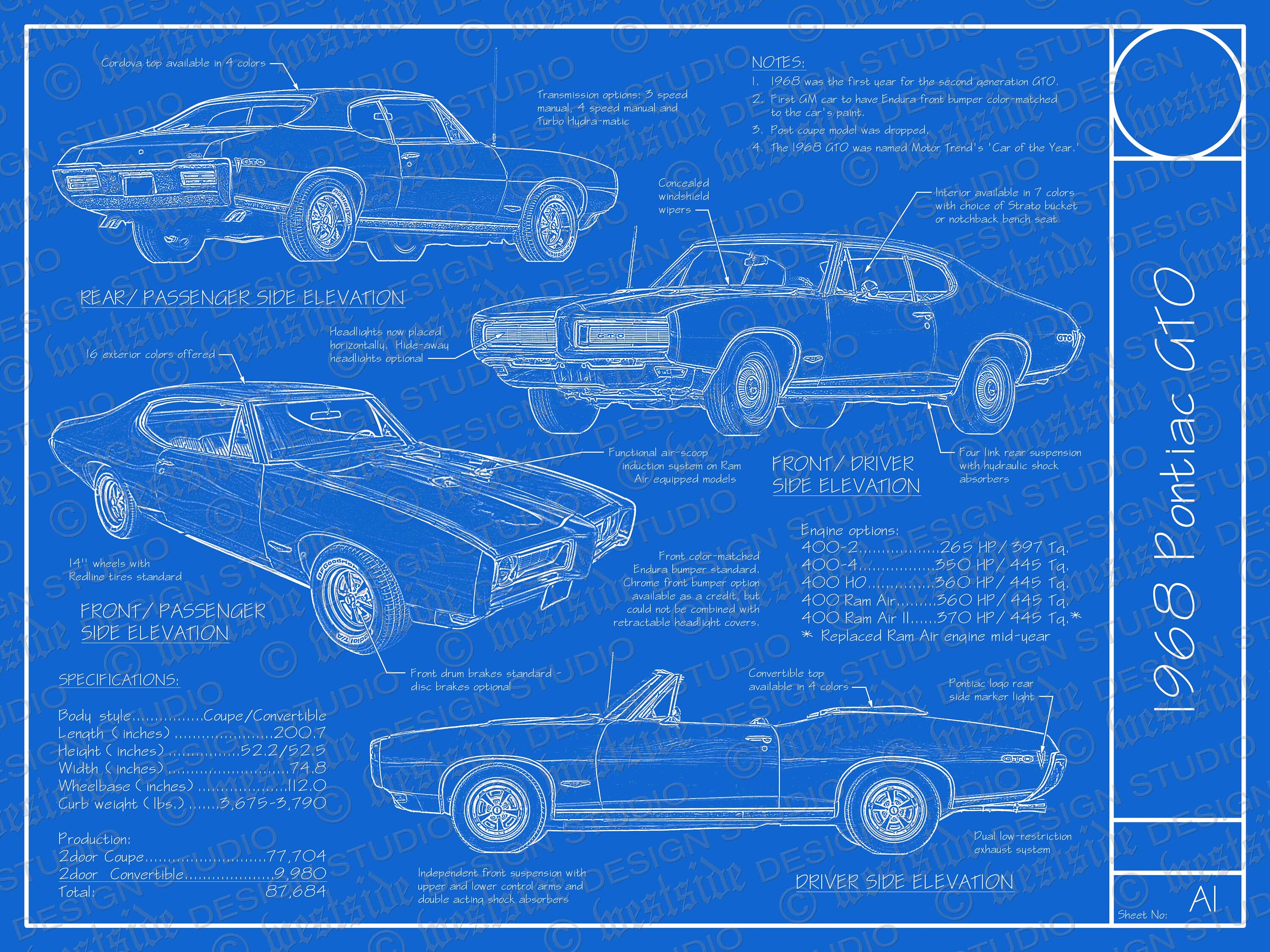 1968 Pontiac GTO Blueprint Poster 18x24 digital - Etsy Australia