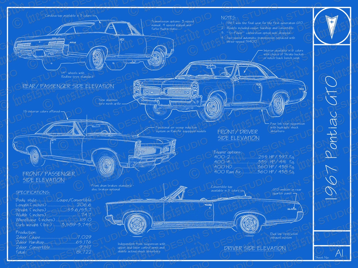 1967 Pontiac GTO Blueprint Poster 18"x24" (digital Image File) - Etsy