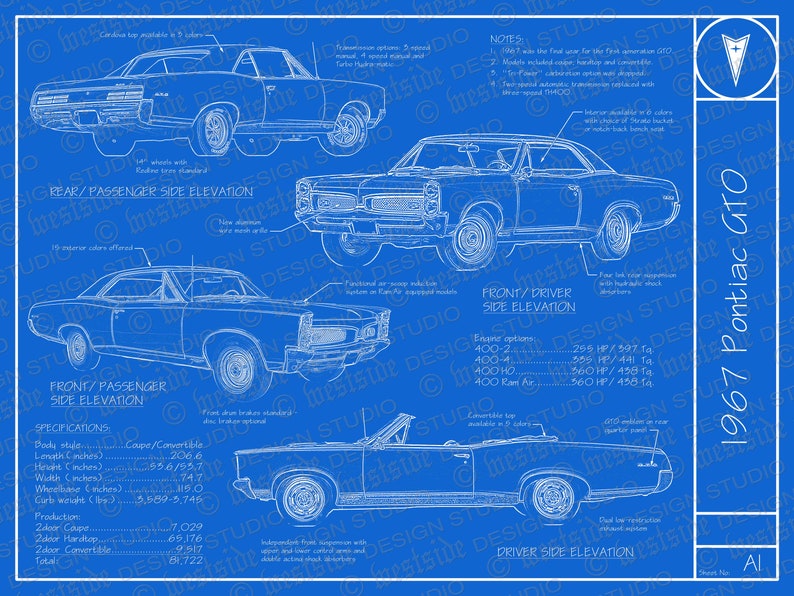 1967 Pontiac GTO Blueprint Poster 18"x24" (digital Image File) - Etsy