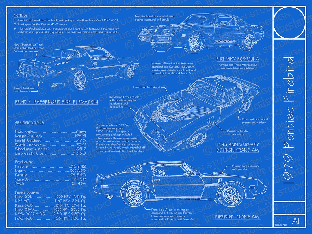 1979 Pontiac Firebird / Trans Am Blueprint Poster 18"x24" (digital ...