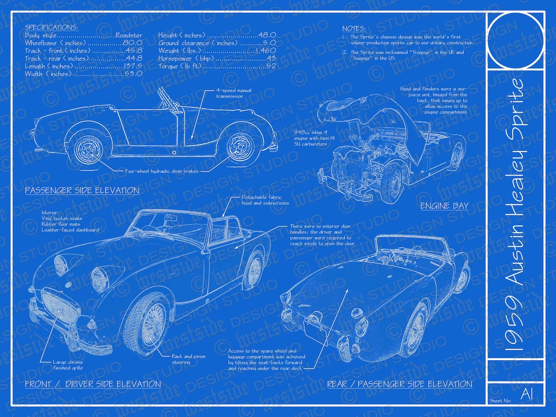 1959 Austin Healey Sprite Blueprint Poster 18"x24" (digital Image File ...