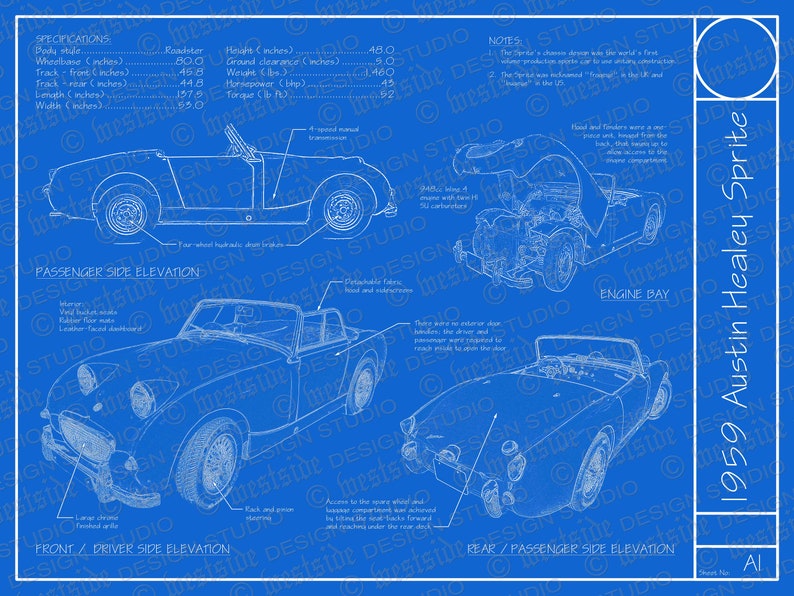 1959 Austin Healey Sprite Blueprint Poster 18"x24" (digital Image File ...