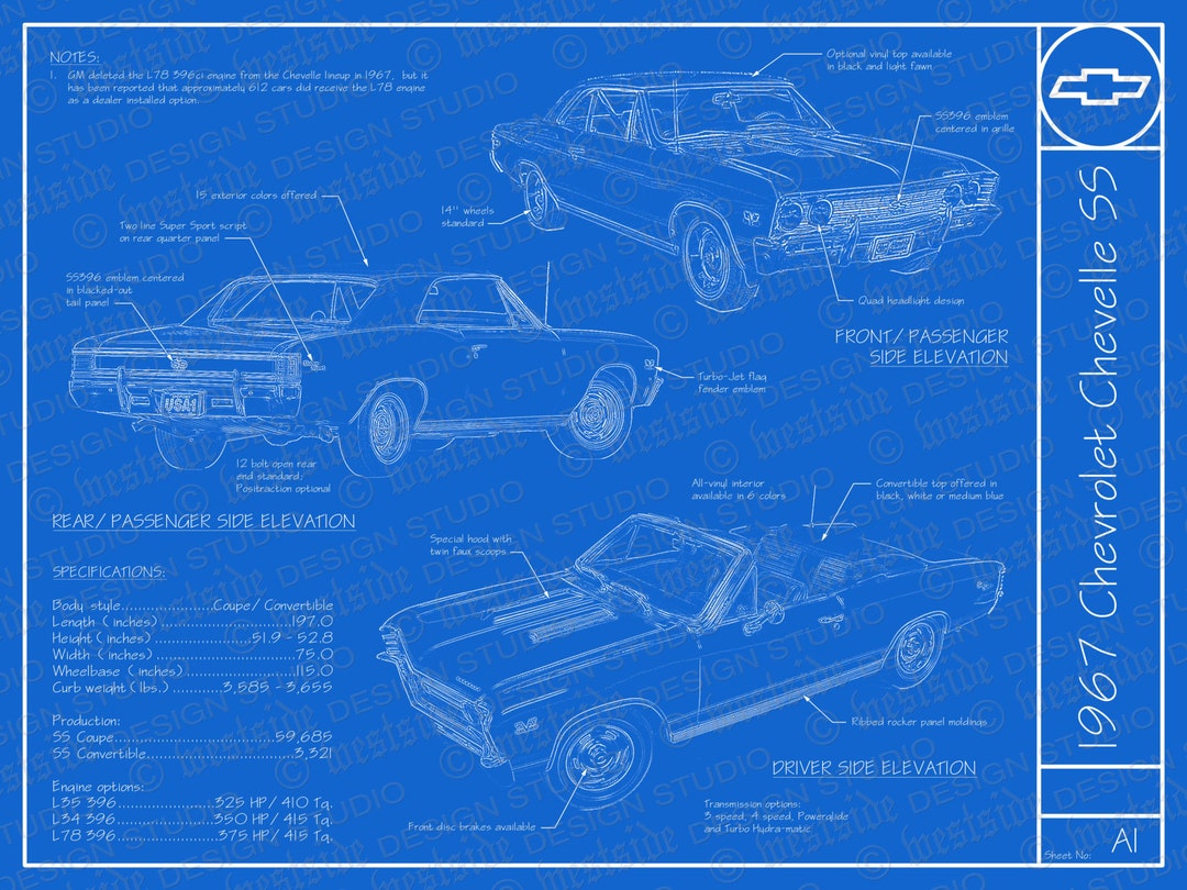 1967 Chevrolet Chevelle SS Blueprint Poster 18"x24" (JPEG Image File ...
