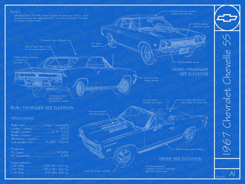 1967 Chevrolet Chevelle SS Blueprint Poster 18x24 | Etsy Hong Kong