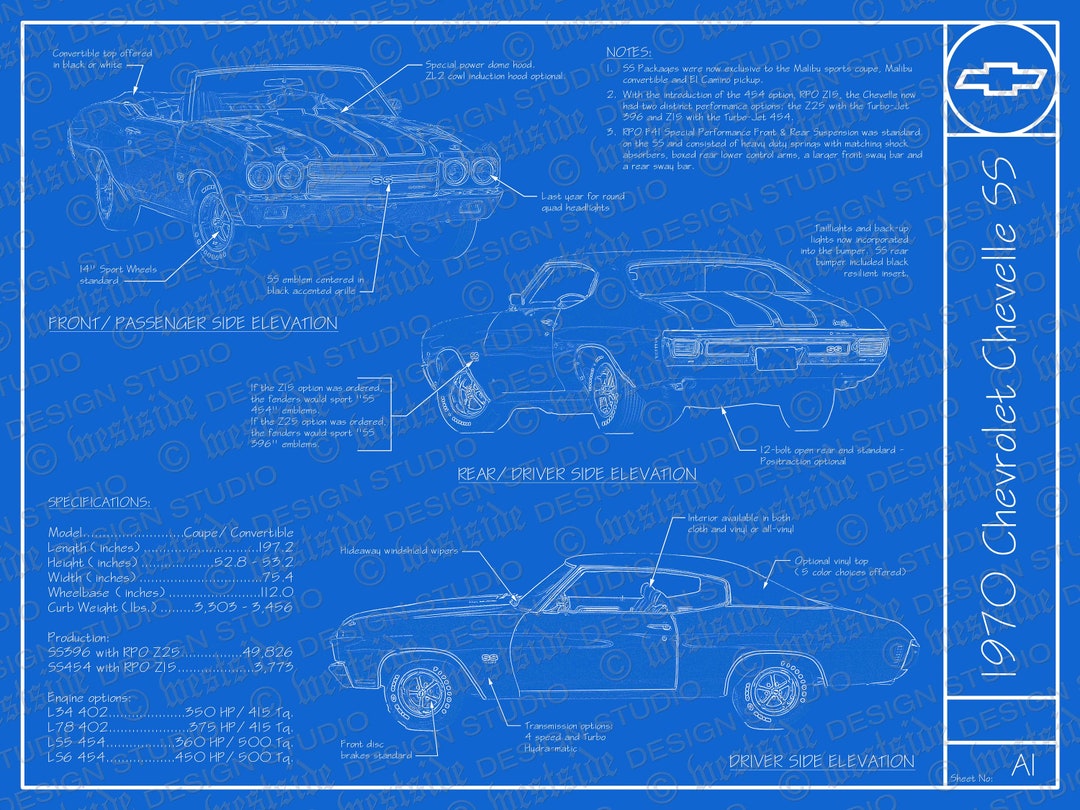 1970 Chevrolet Chevelle SS Blueprint Poster 18"x24" (JPEG Image File ...