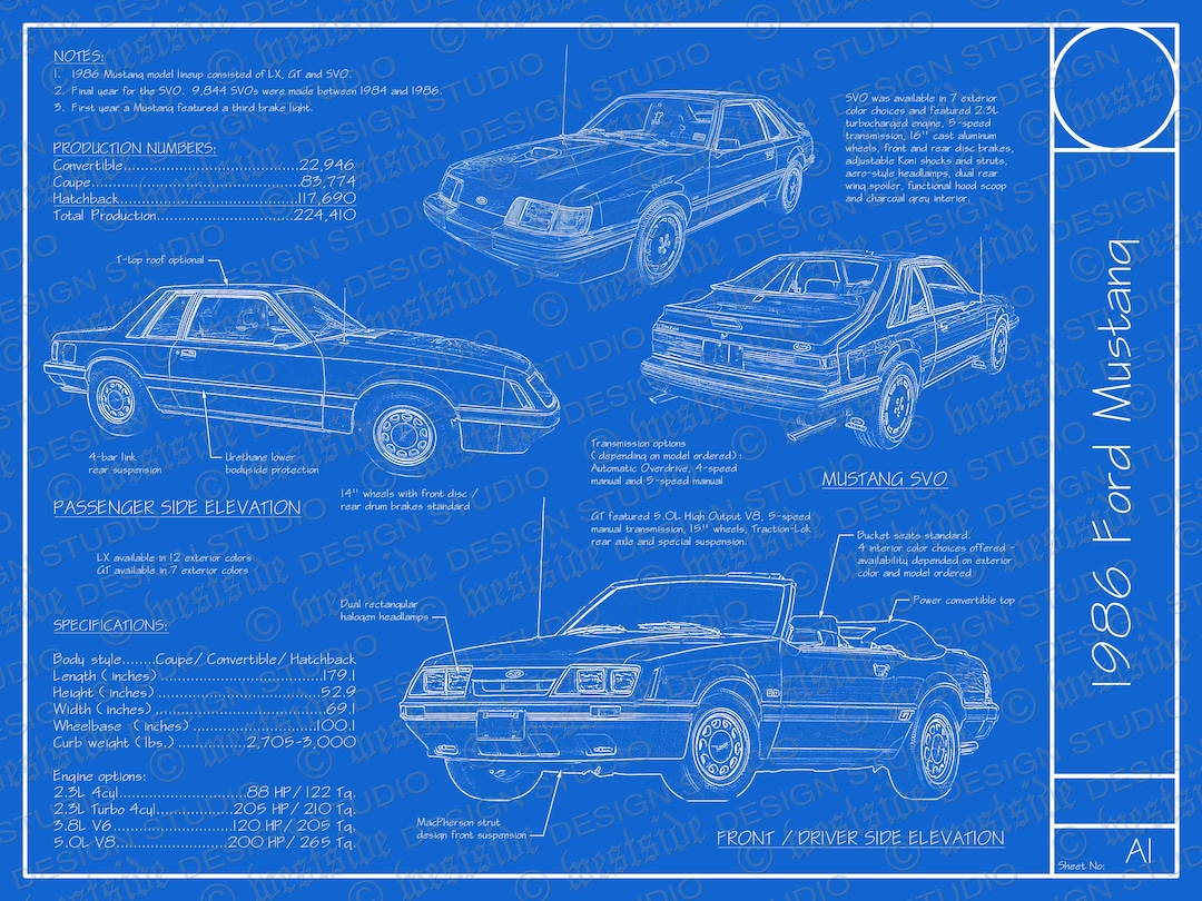 1986 Ford Mustang Blueprint Poster 18"x24" (digital Image File) - Etsy