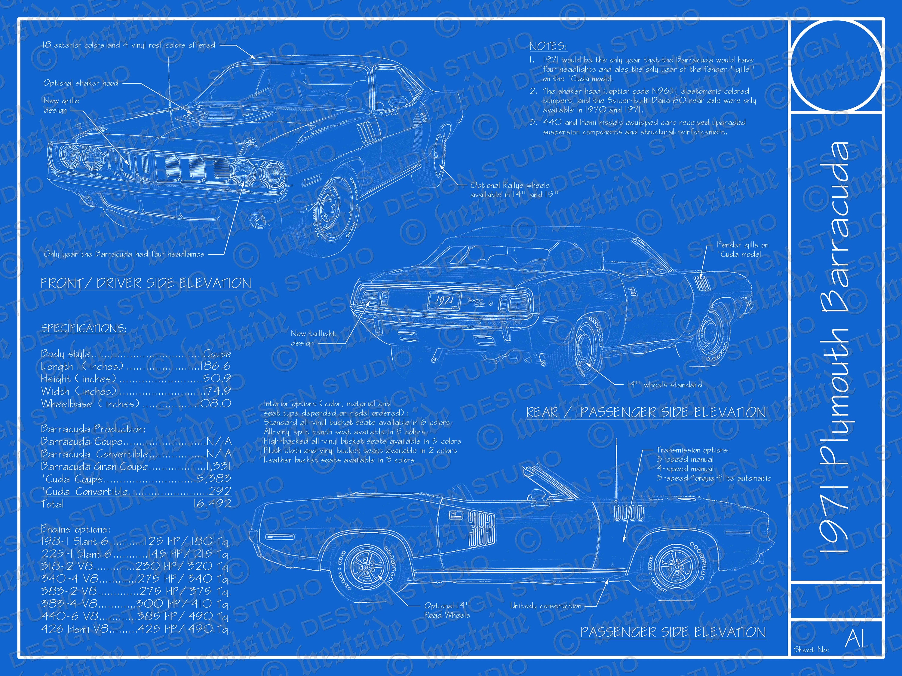 1971 Plymouth Barracuda Blueprint Poster 18x24 - Etsy