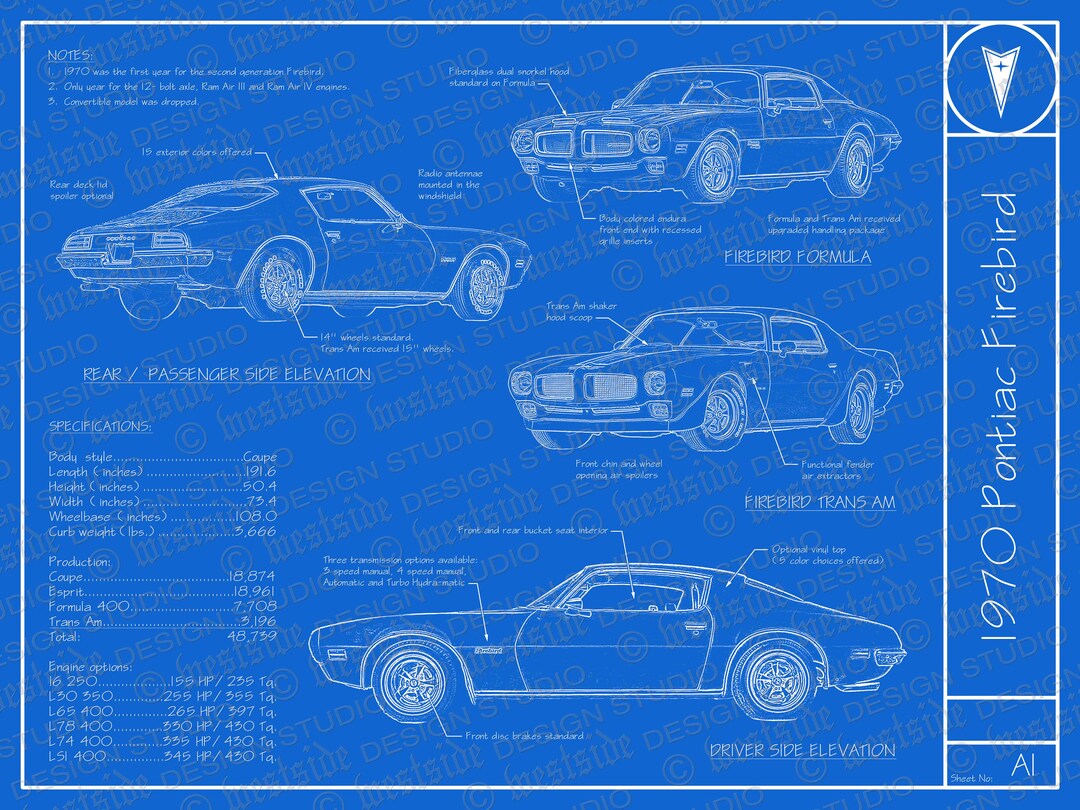 1970 Pontiac Firebird / Trans Am Blueprint Poster 18x24 digital Image ...