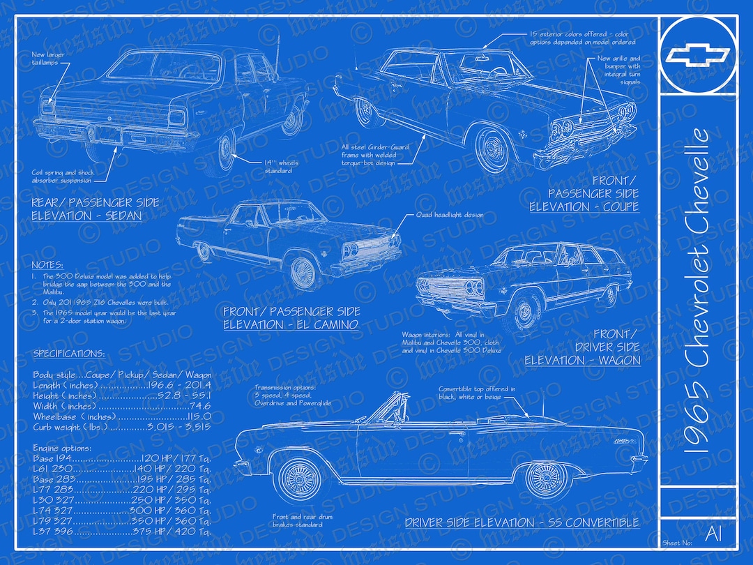 1965 Chevrolet Chevelle Blueprint Poster 18"x24" (JPEG Image File) - Etsy