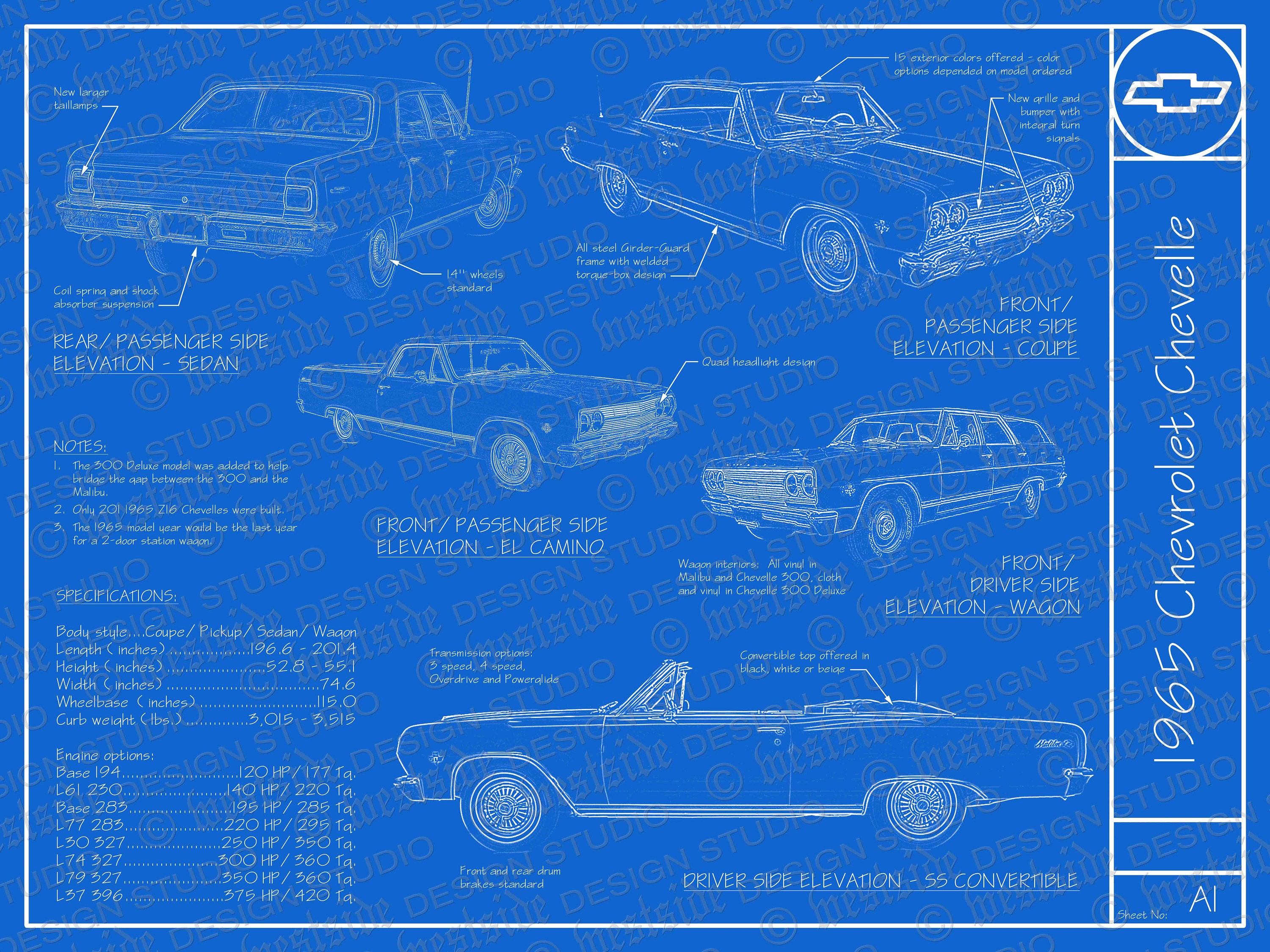 1965 Chevrolet Chevelle Blueprint Poster 18"x24" (JPEG Image File) - Etsy