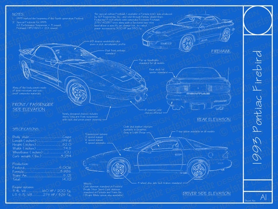 1993 Pontiac Firebird / Trans Am Blueprint Poster - Etsy