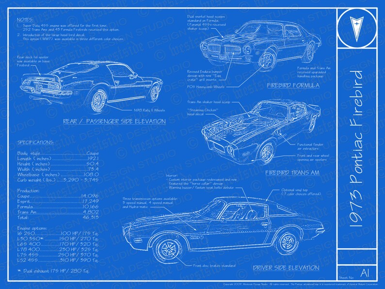 1973 Pontiac Firebird / Trans Am blueprint poster | Etsy