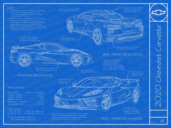 2020 Chevrolet Corvette Blueprint Poster 18x24 | Etsy