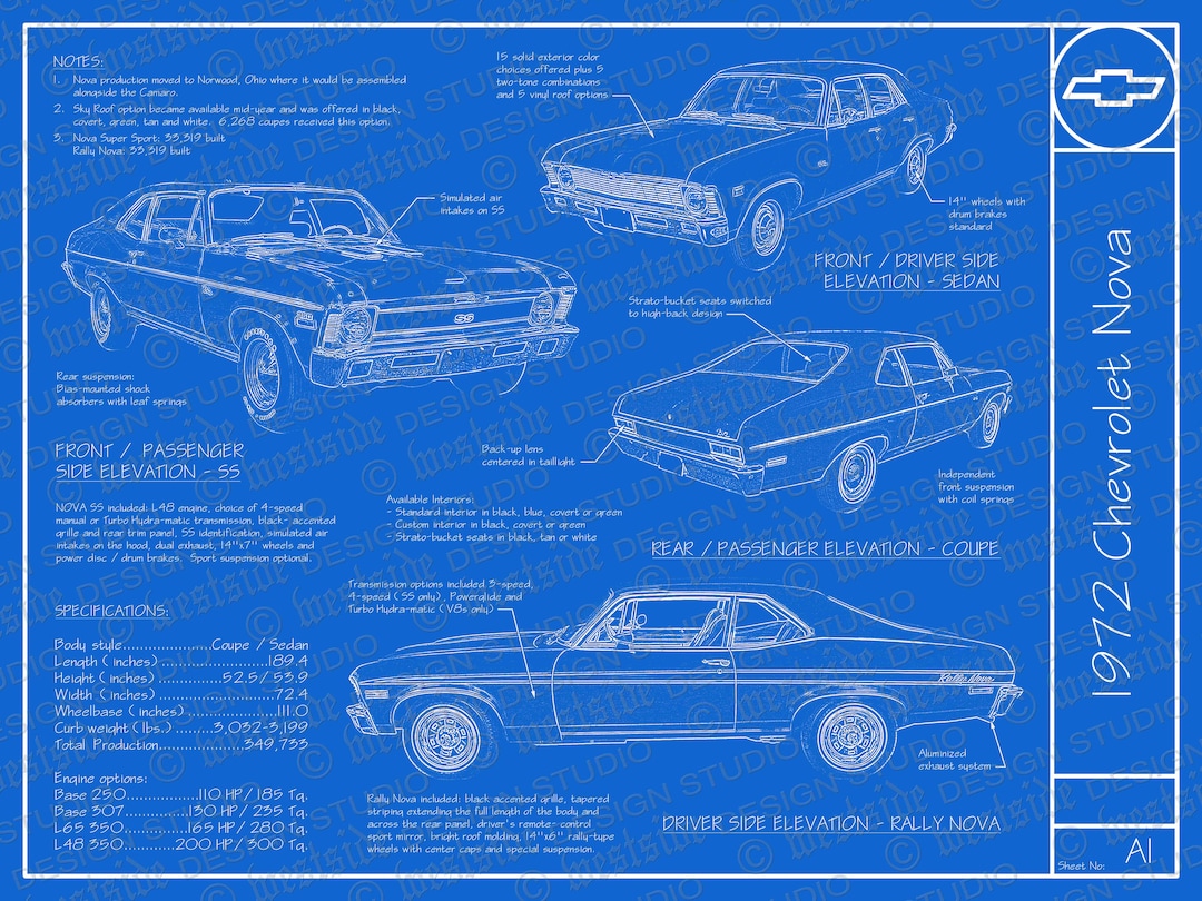 1972 Chevrolet Nova Blueprint Poster 18x24 JPEG Image File - Etsy Canada