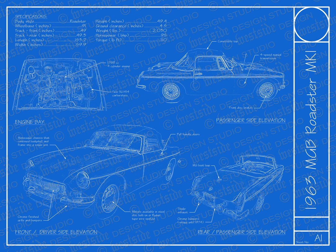 1963 MGB Roadster MK1 Blueprint Poster 18"x24" (digital Image File) - Etsy