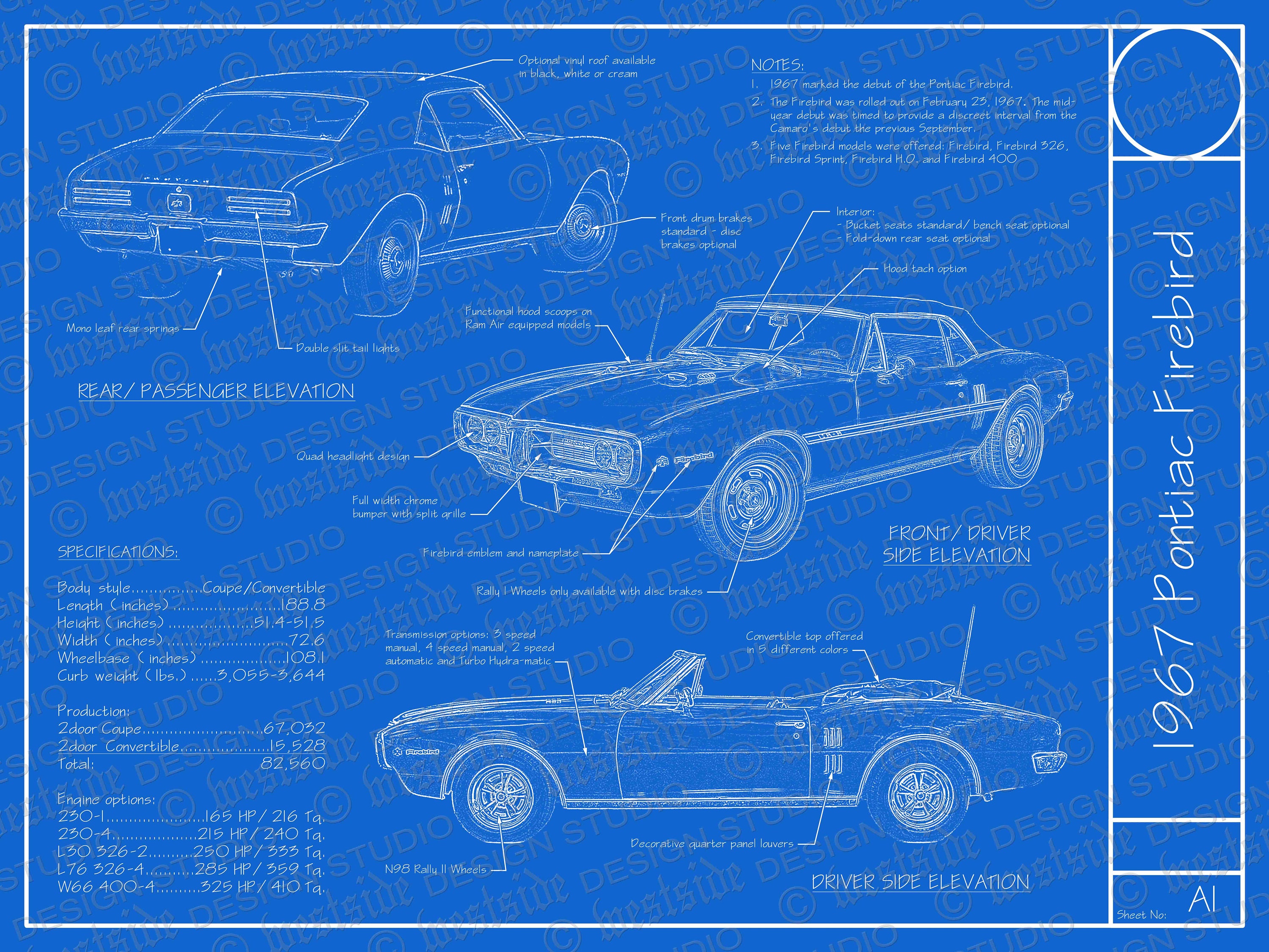 1967 Pontiac Firebird Blueprint Poster 18"x24" (digital Image File) - Etsy