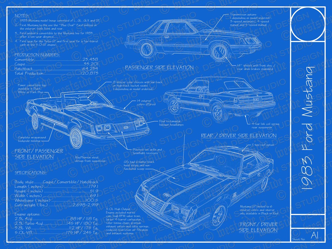 1983 Ford Mustang Blueprint Poster 18"x24" (digital Image File) - Etsy