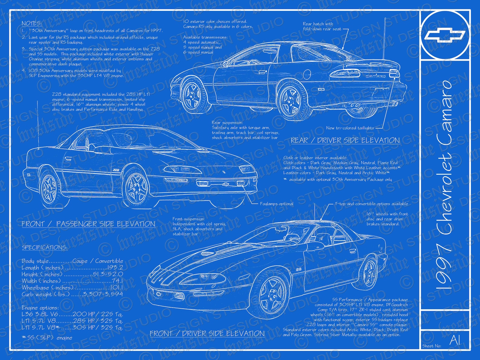 1997 Chevrolet Camaro Blueprint Poster 18"x24" (JPEG Image File) - Etsy