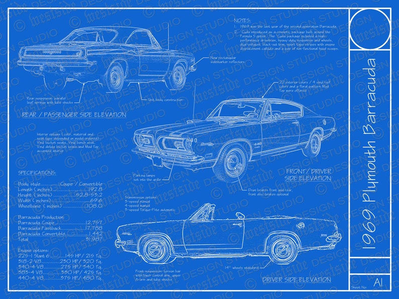 1969 Plymouth Barracuda Blueprint Poster 18"x24" (digital Image File ...
