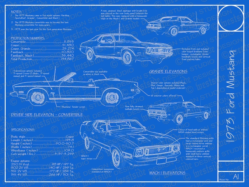 1973 Ford Mustang Blueprint Poster 18"x24" (digital Image File) - Etsy