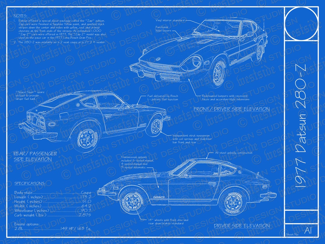 1977 Nissan Datsun 280-Z Blueprint Poster 18"x24" (digital Image File ...
