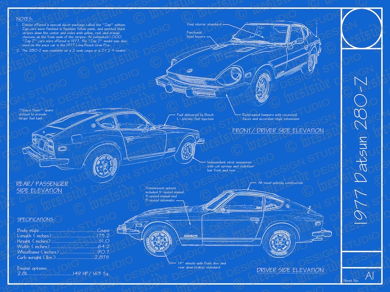 1977 Nissan Datsun 280-Z Blueprint Poster 18"x24" (digital Image File ...