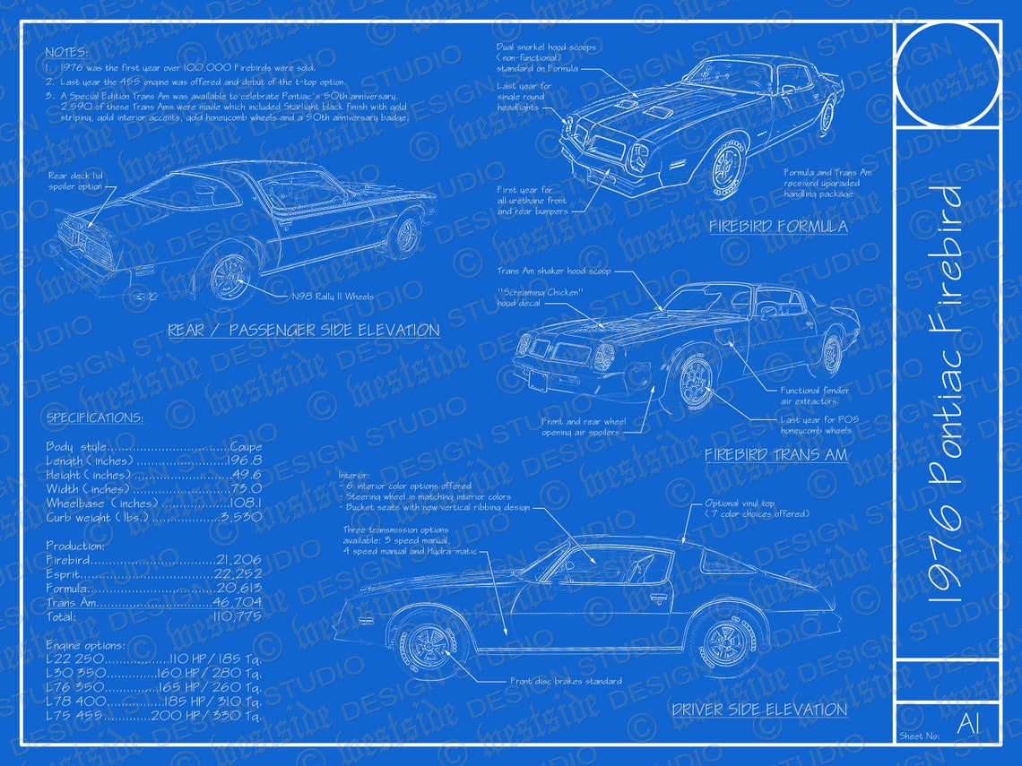 1976 Pontiac Firebird / Trans Am Blueprint Poster 18x24 digital Image ...