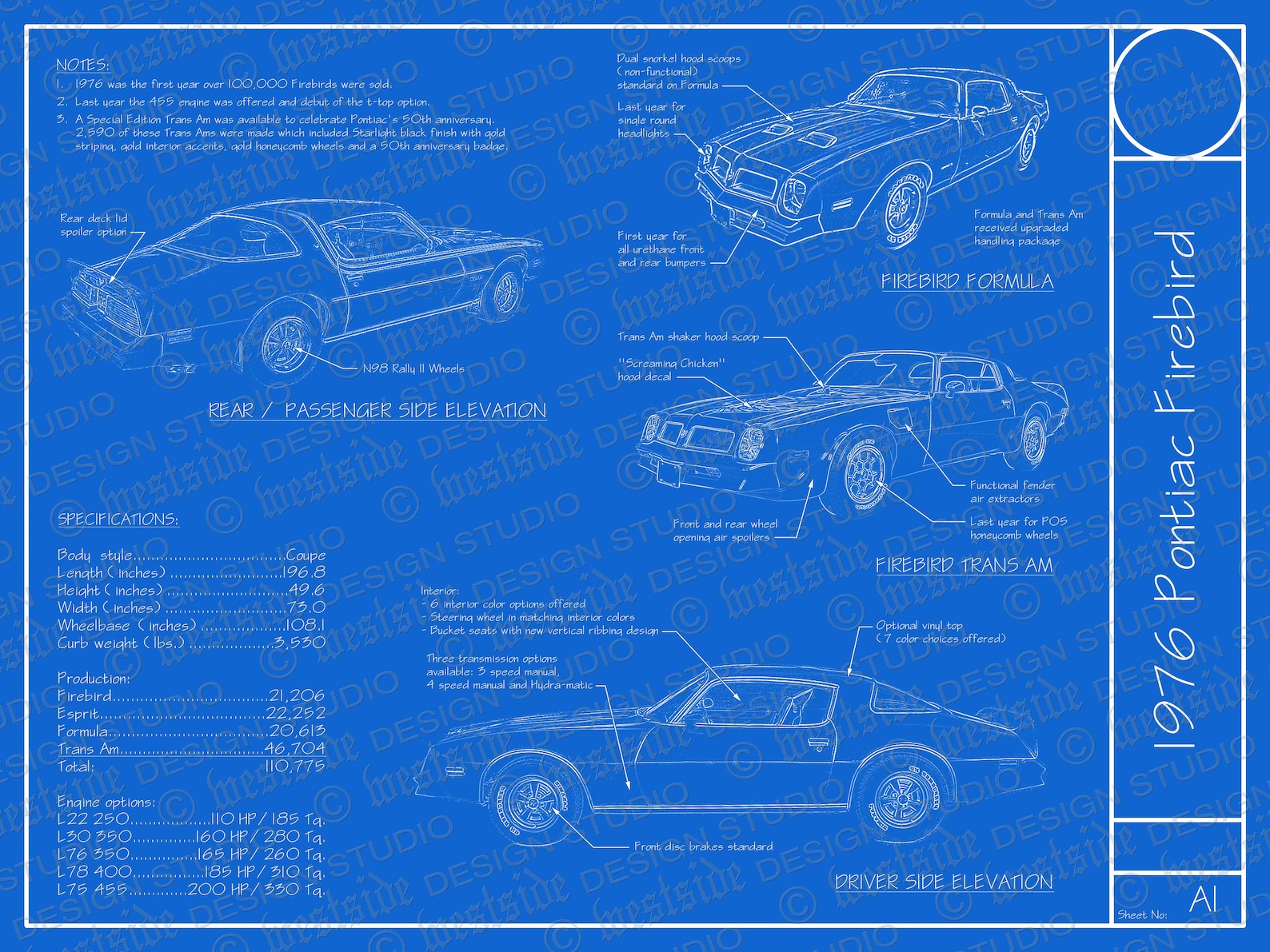 1976 Pontiac Firebird / Trans Am Blueprint Poster 18x24 digital Image ...