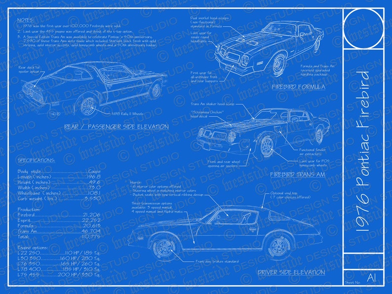 1976 Pontiac Firebird / Trans Am Blueprint Poster 18x24 digital Image ...