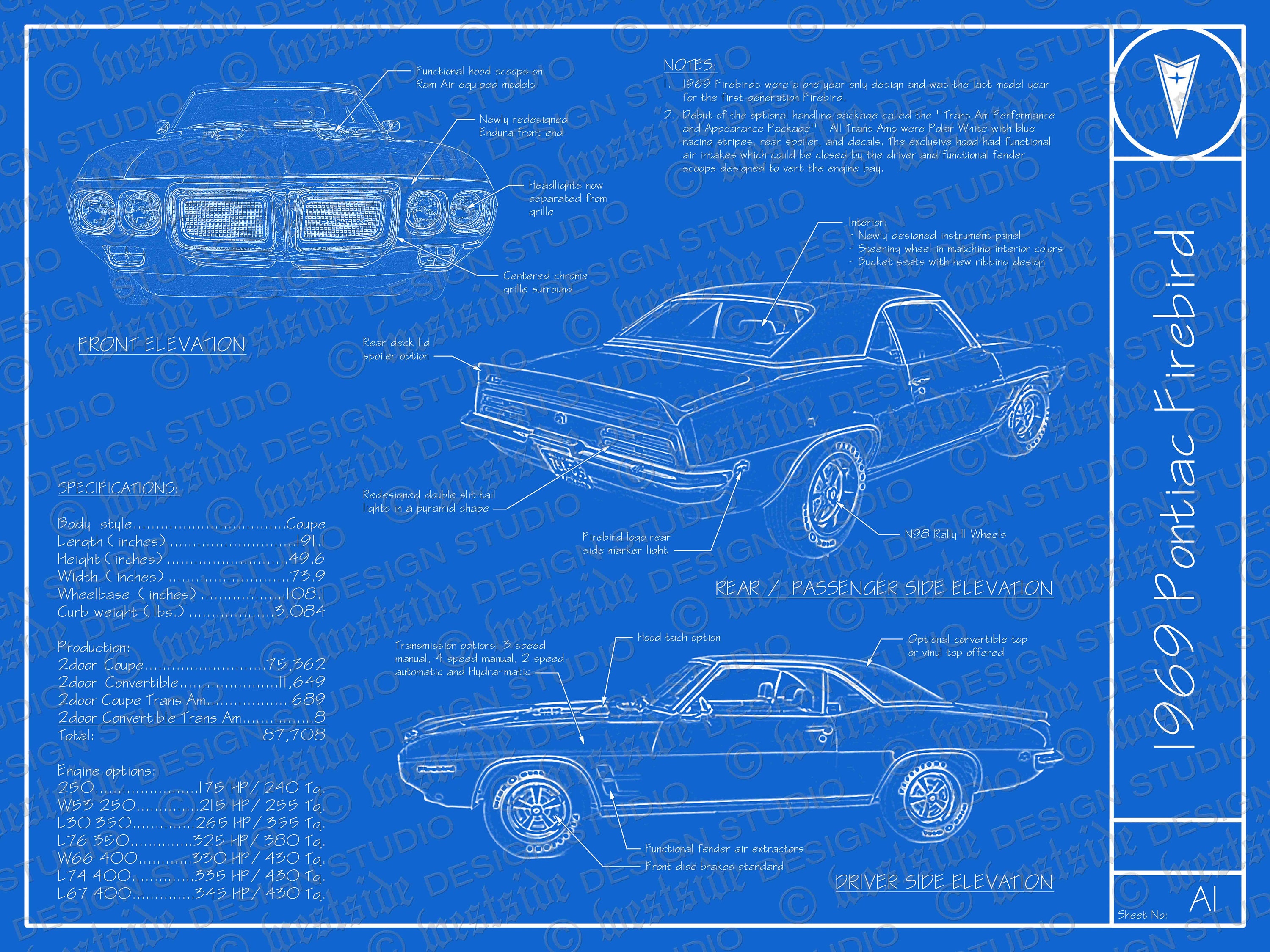 1969 Pontiac Firebird / Trans Am blueprint poster | Etsy
